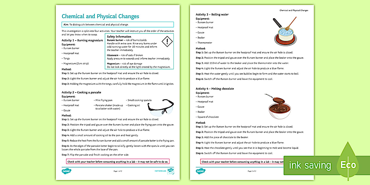 Chemical and Physical Changes Investigation Instruction Sheet