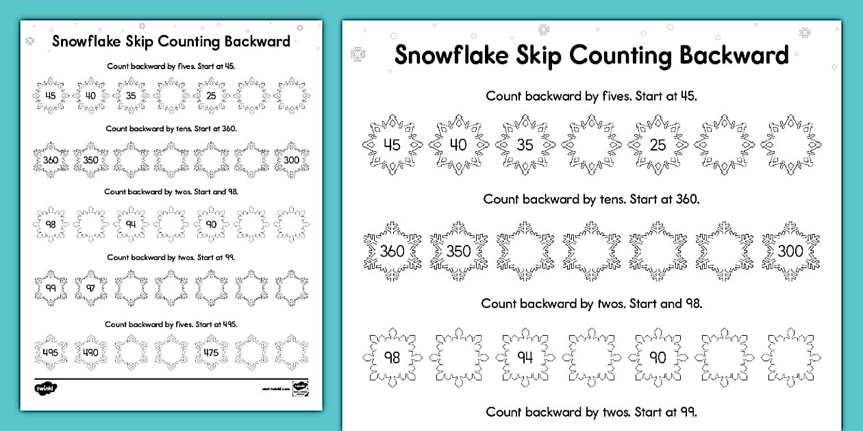 Second Grade Snowflake Skip Counting Backward Worksheet