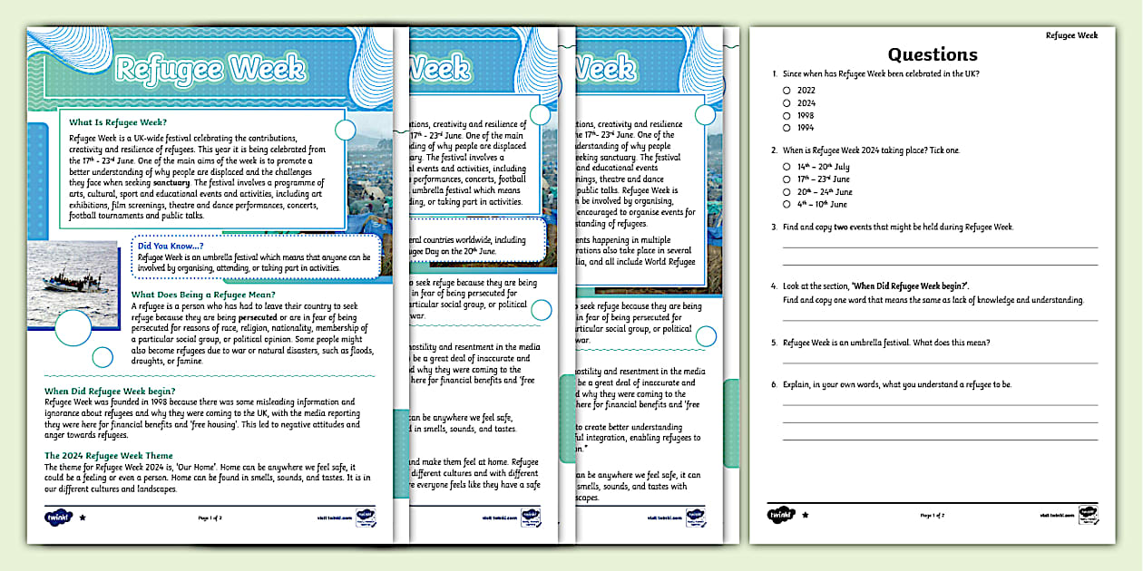 UKS2 Refugee Week Differentiated Reading Comprehension Activity