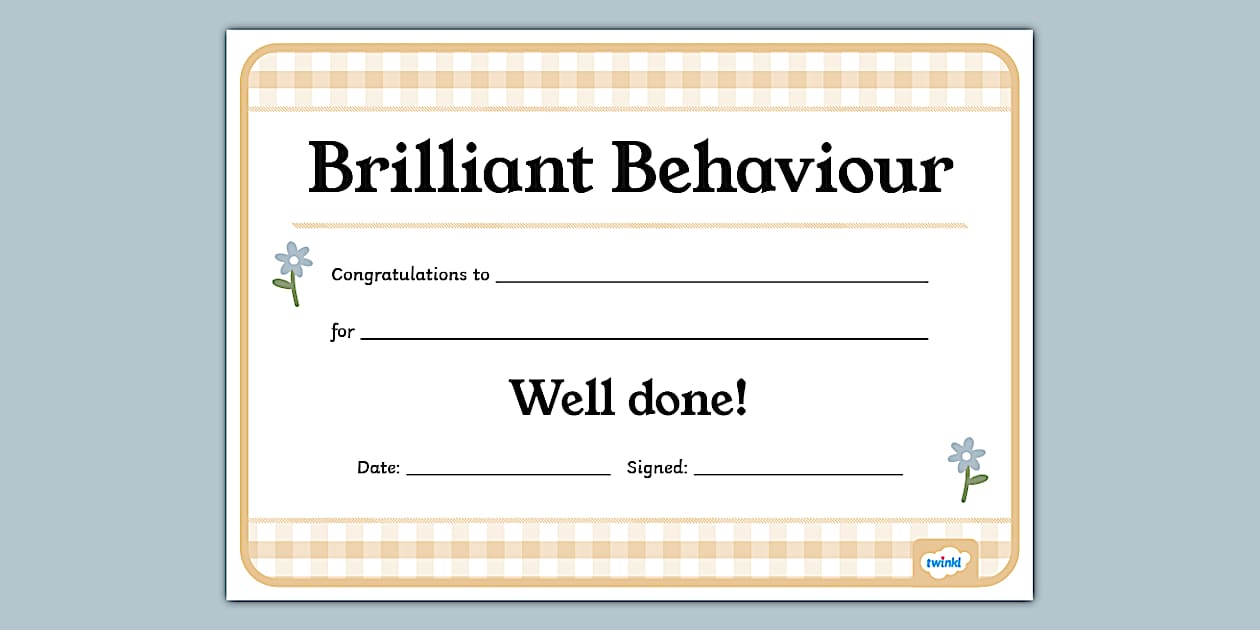 Checkered Charm Themed Brilliant Behaviour Certificate