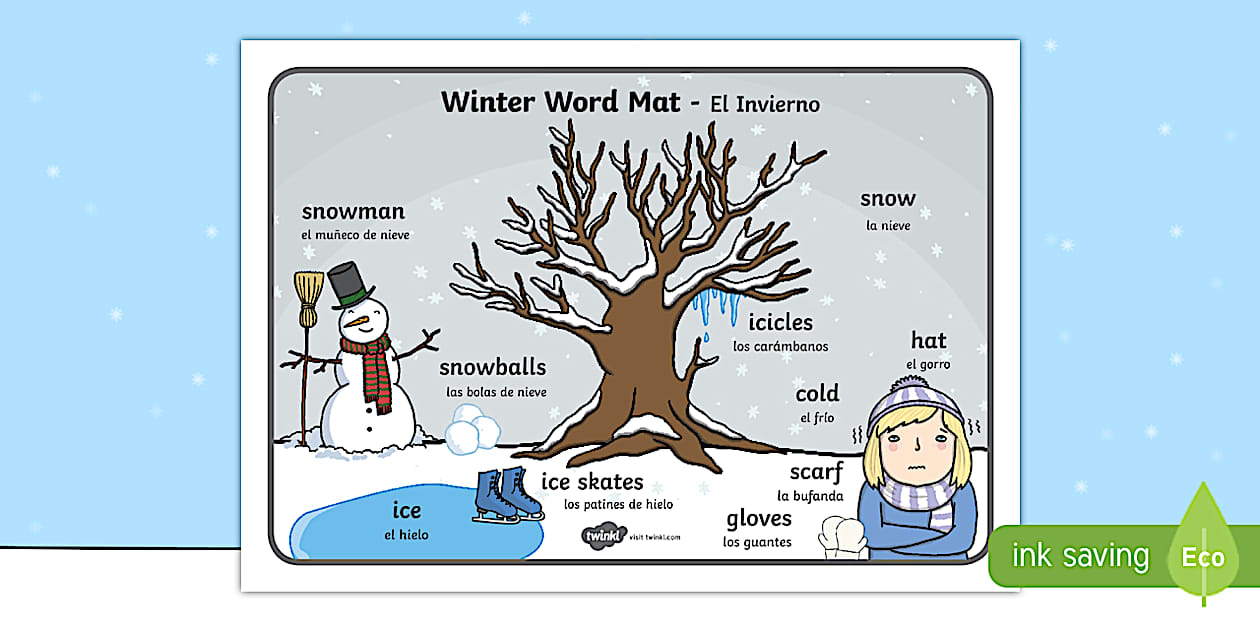 Winter Word Mat - English / Spanish - Winter Scene Word Mat