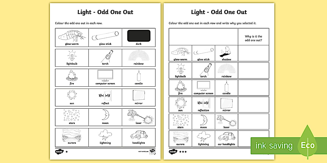 Editable Light Odd One Out Differentiated Worksheet - Twinkl