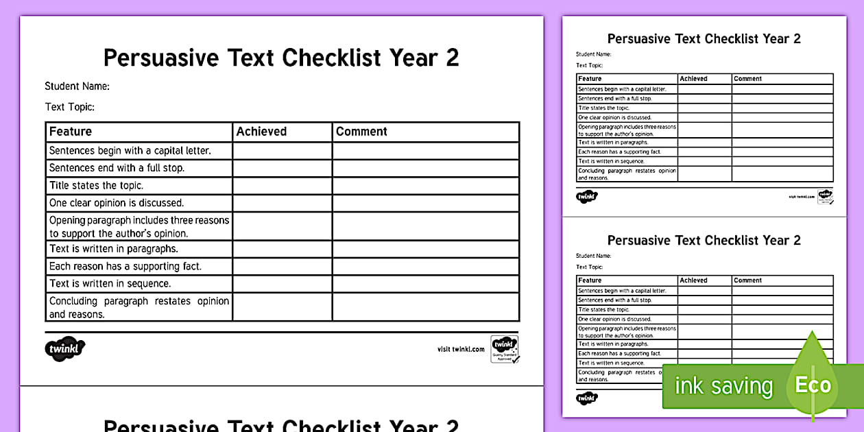 Year 2 Persuasive Text Checklist (teacher made) - Twinkl