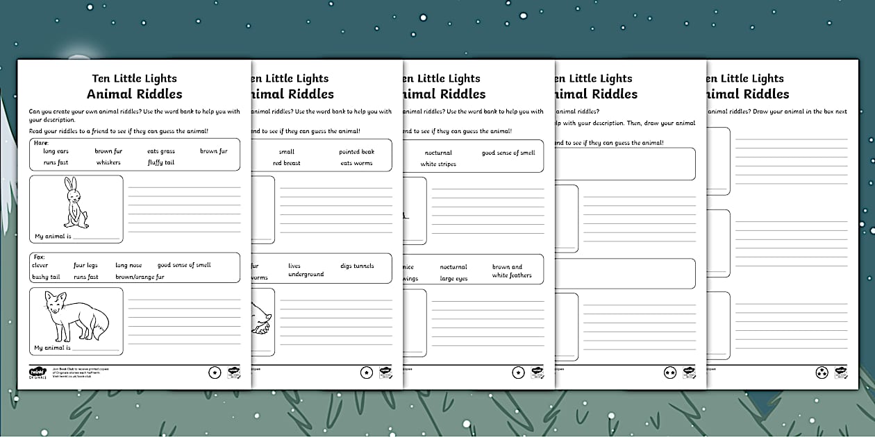 Higher Ability Ten Little Lights Animal Riddles Differentiated Worksheets