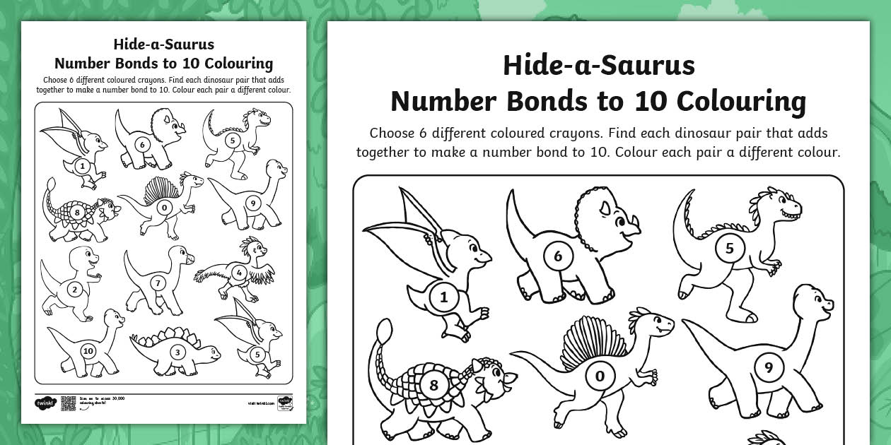 Hide-a-Saurus Dinosaur Number Bonds to 10 Colouring Worksheet