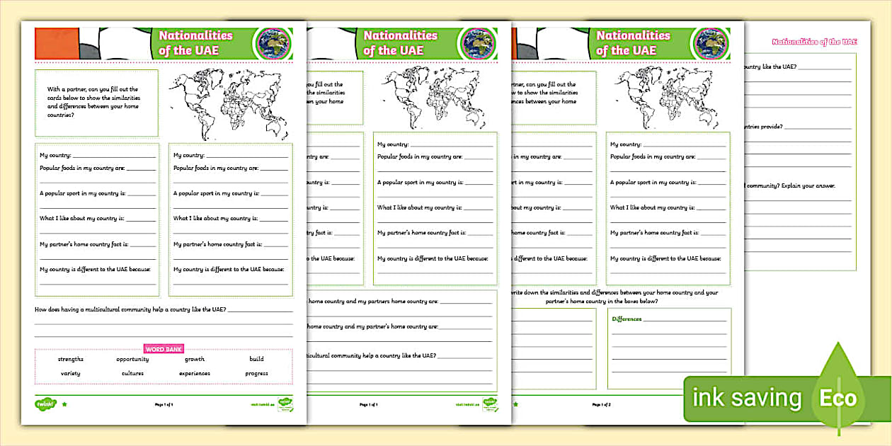 Year 3 - Lesson 1 - Nationalities of the UAE Differentiated Activity Sheets
