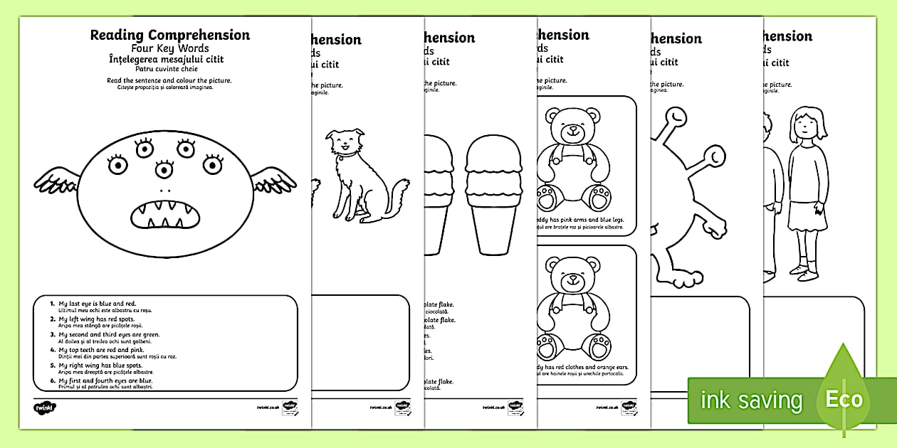 Comprehension - Four Key Words Worksheet / Worksheet Pack English/Romanian