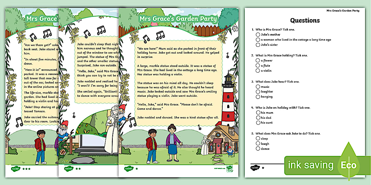KS1 Mrs Grace's Garden Party Reading Comprehension Activity