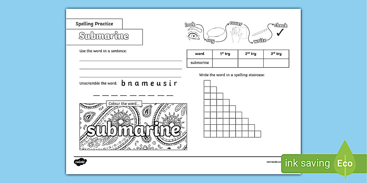 Submarine Spelling Practice Worksheet (teacher made)