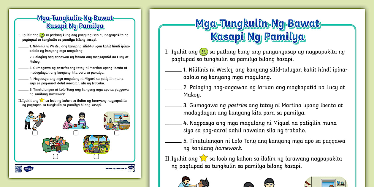 Mga Tungkulin Ng Bawat Kasapi Ng Pamilya Activity Sheet | Grade 1 | Twinkl