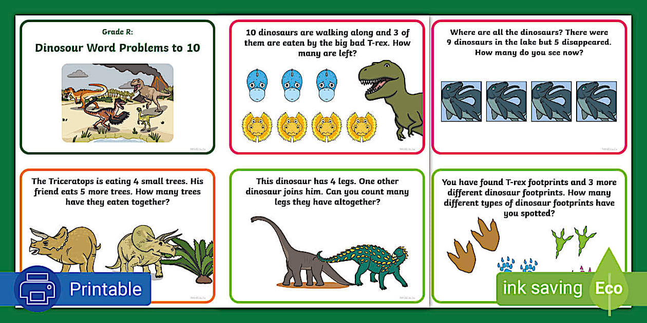 Grade R Maths: Dinosaur Word Problems to 10 (teacher made)