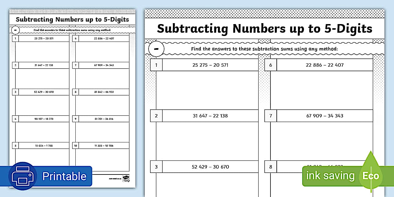 Subtracting Numbers up to 5-Digits Activity Sheet - Twinkl