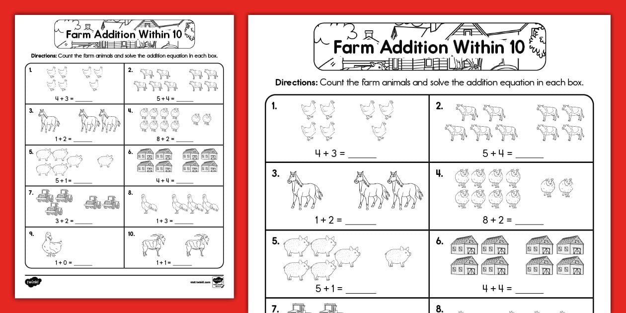 Kindergarten Farm Addition Within 10 Worksheet - Twinkl
