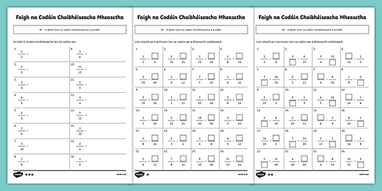 Find Equivalent Fractions Differentiated Worksheet Pack Gaeilge