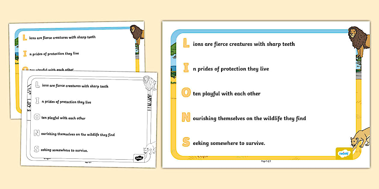 Lions Acrostic Poem Example (teacher made) - Twinkl
