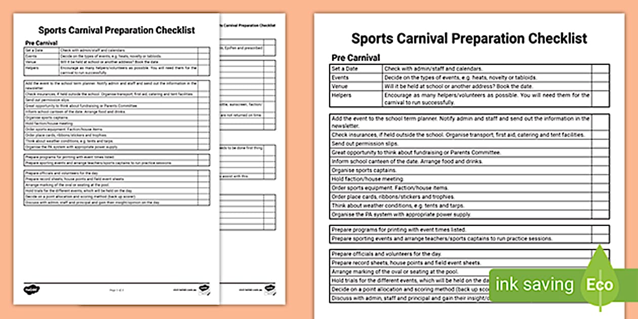 Sports Carnival Preparation Checklist (teacher made)