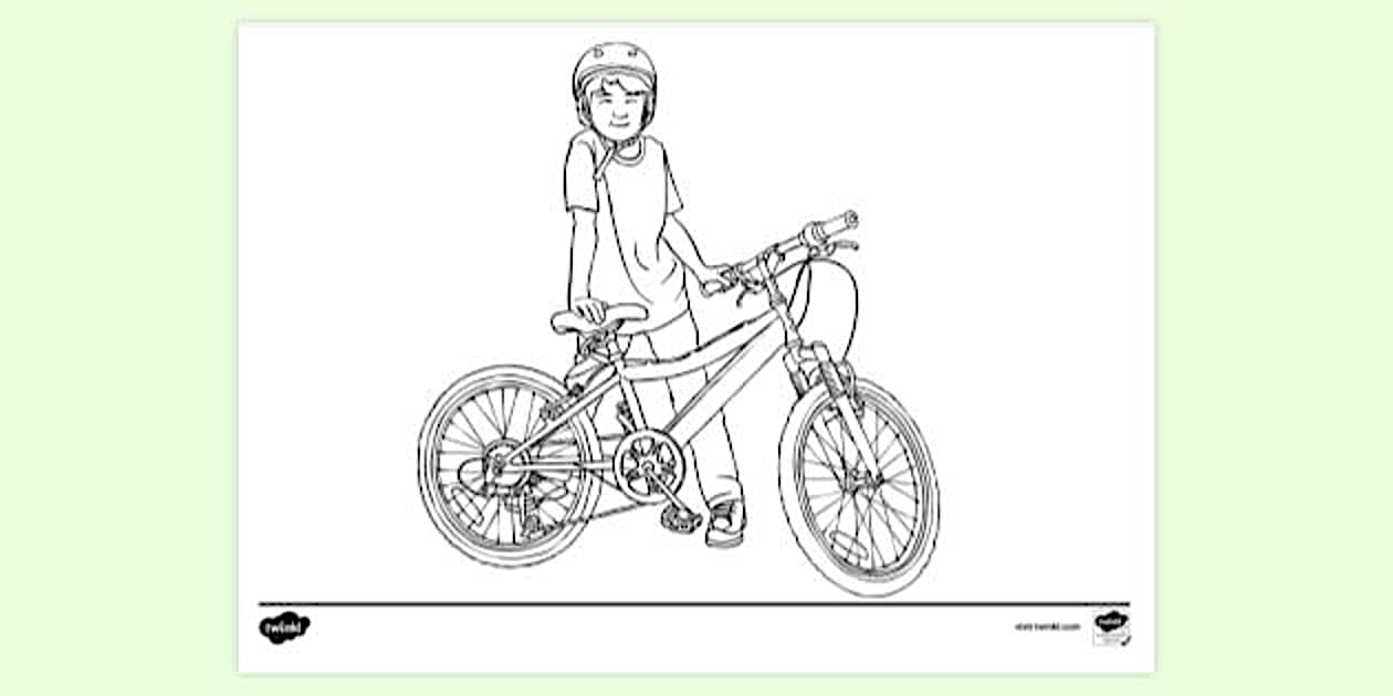 Child with Bike and Cycle Helmet Colouring Sheets - Twinkl