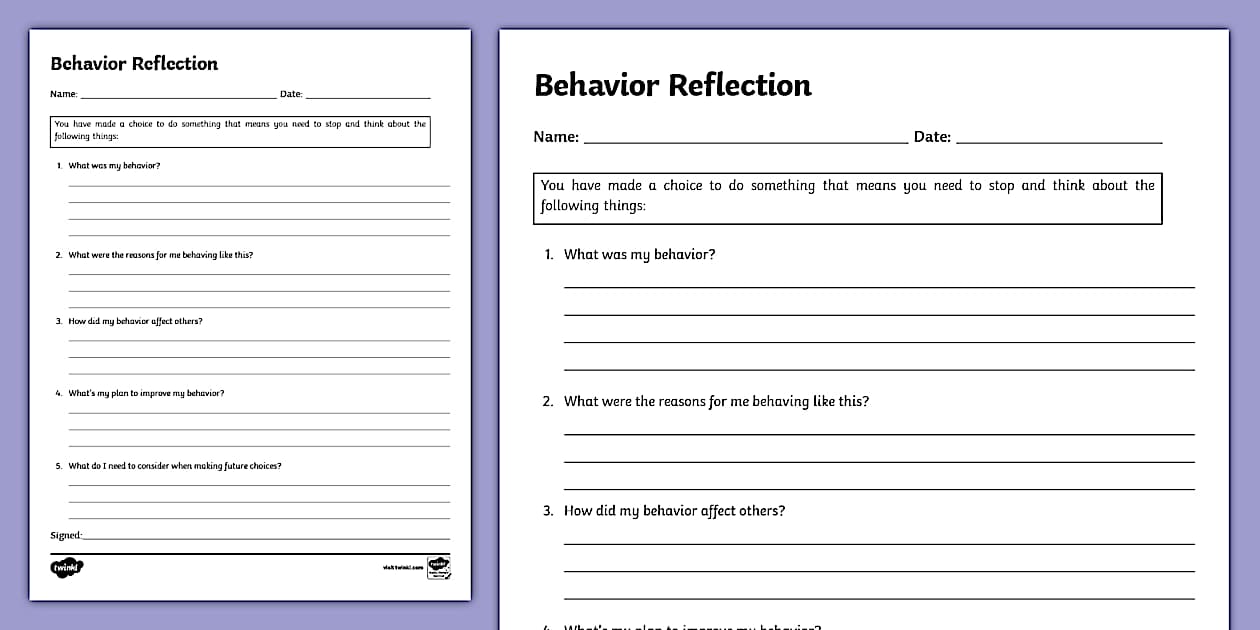 Behavior Reflection Activity for 6th-8th Grade - Twinkl