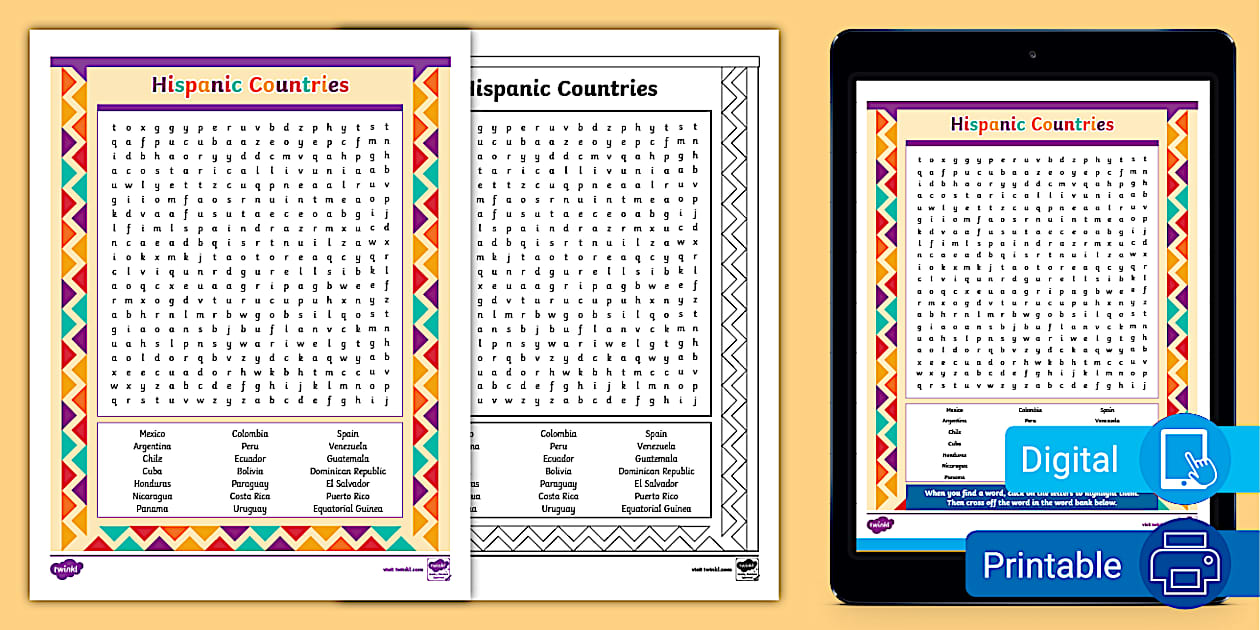Hispanic Countries Word Search for 3rd-5th Grade - Twinkl