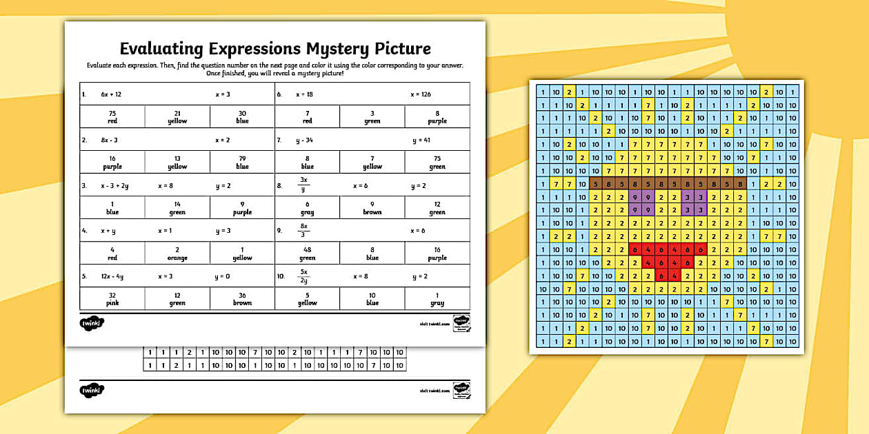 Sixth Grade Summer Sun Evaluating Expressions Mystery Picture Worksheet