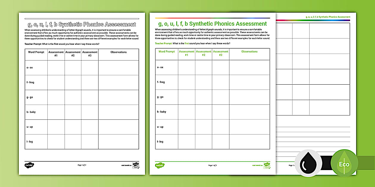 Phonics Canada: Group 3 (g, o, u, l, f, b) Assessment Form