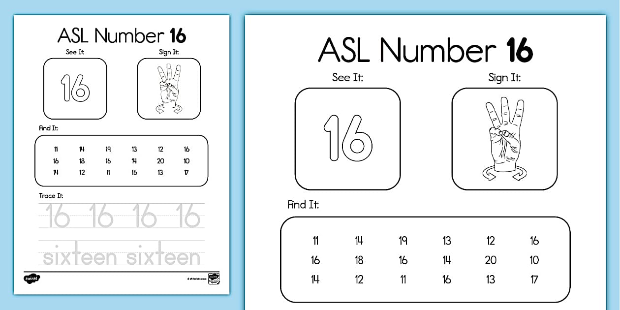 ASL Number 16 Worksheet (Teacher-Made) - Twinkl