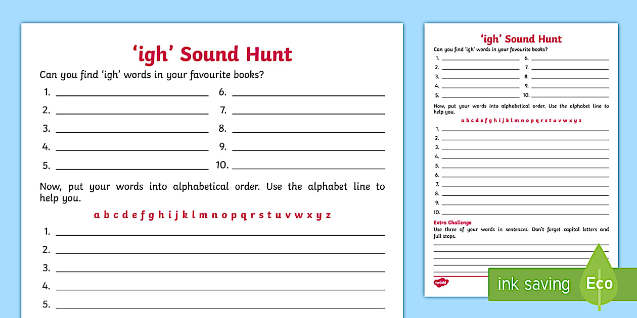 Black and White 'igh' Sound Hunt Worksheet - Twinkl