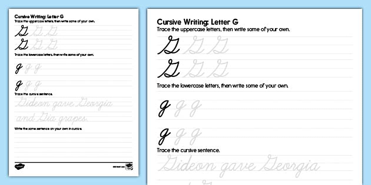 Cursive Letter Writing: Letter G Worksheet - Twinkl