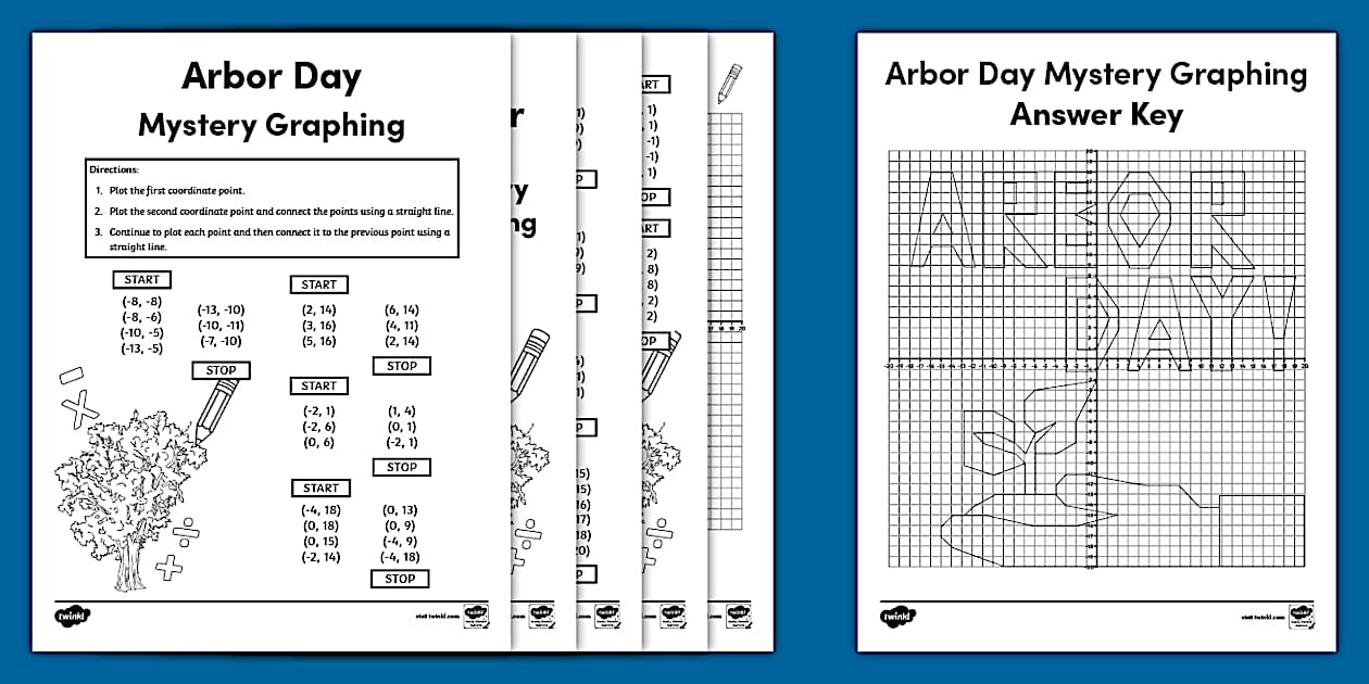 Arbor Day Mystery Graphing Hand and Seedling Worksheet for 6th-8th Grade
