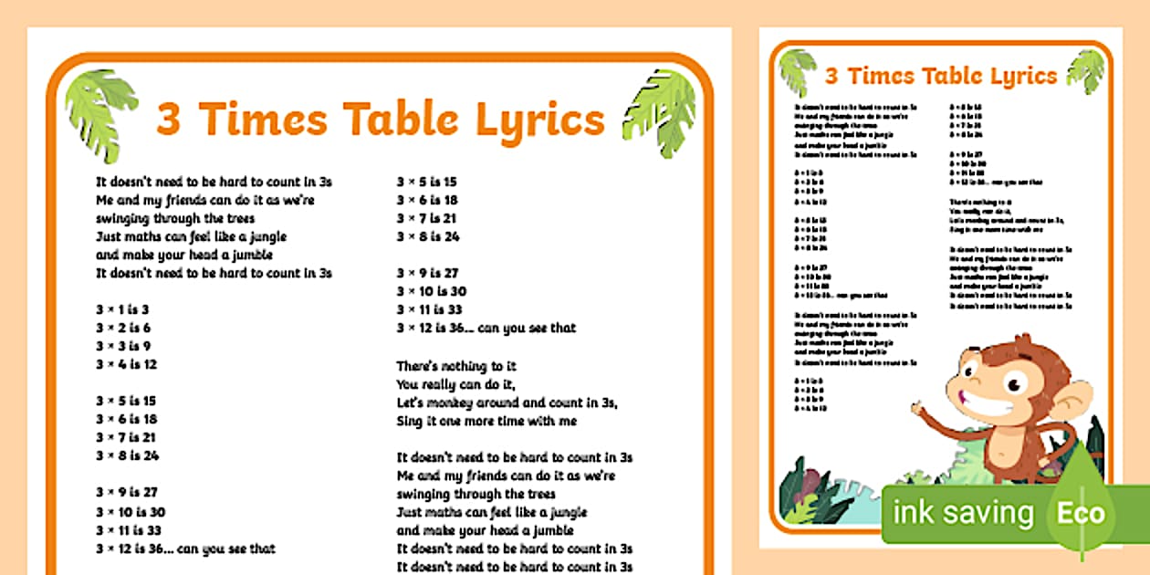Three Times Tables Song Lyrics Poster | Twinkl Go! - Twinkl