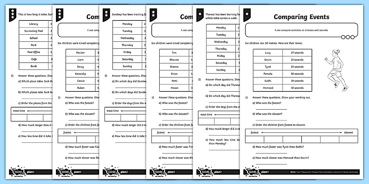Lower Ability Comparing Timed Events Differentiated Worksheets