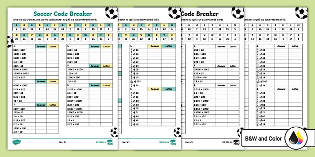 Soccer Code Breaker Math Worksheet for 3rd-5th Grade
