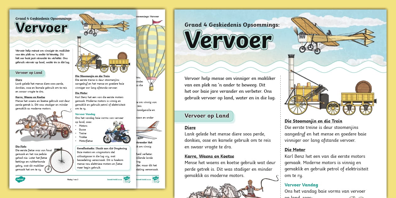 Graad 4 Geskiedenis Opsommings: Vervoer