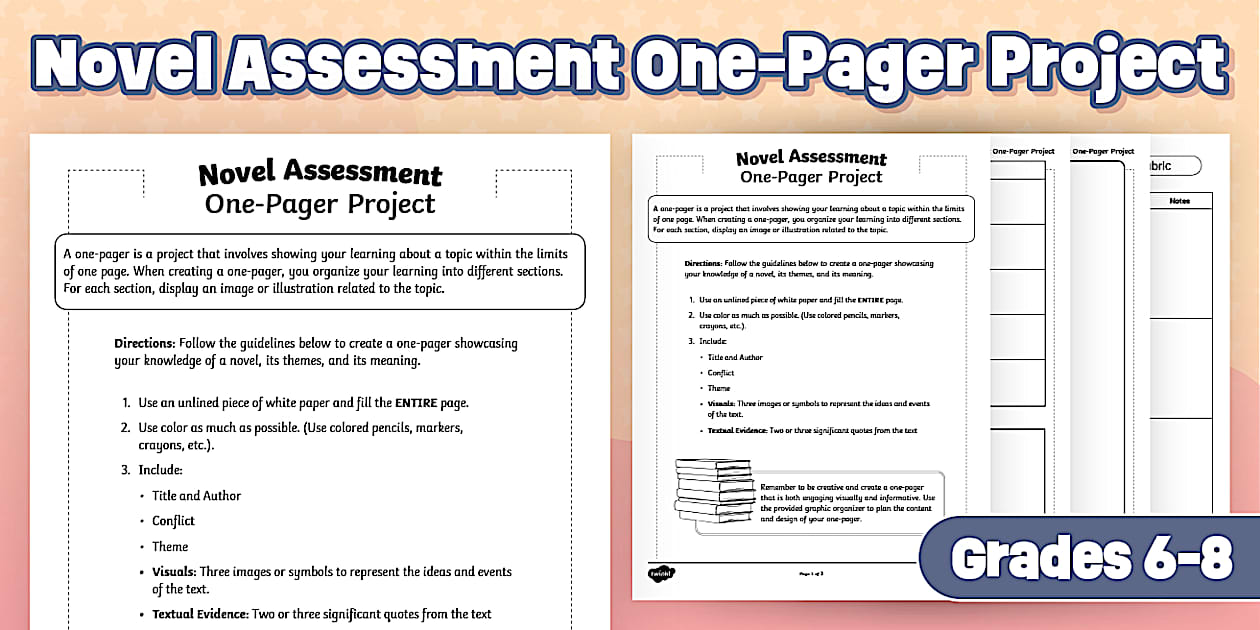 Novel Assessment One-Pager Project Graphic Organizer 6th-8th