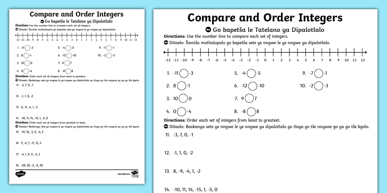 Grade 7 Compare and Order Integers – Nso/Eng CAPS Aligned