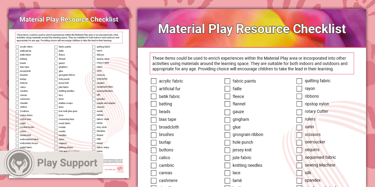Play for All Ages - Material Play Resource Checklist Ideas