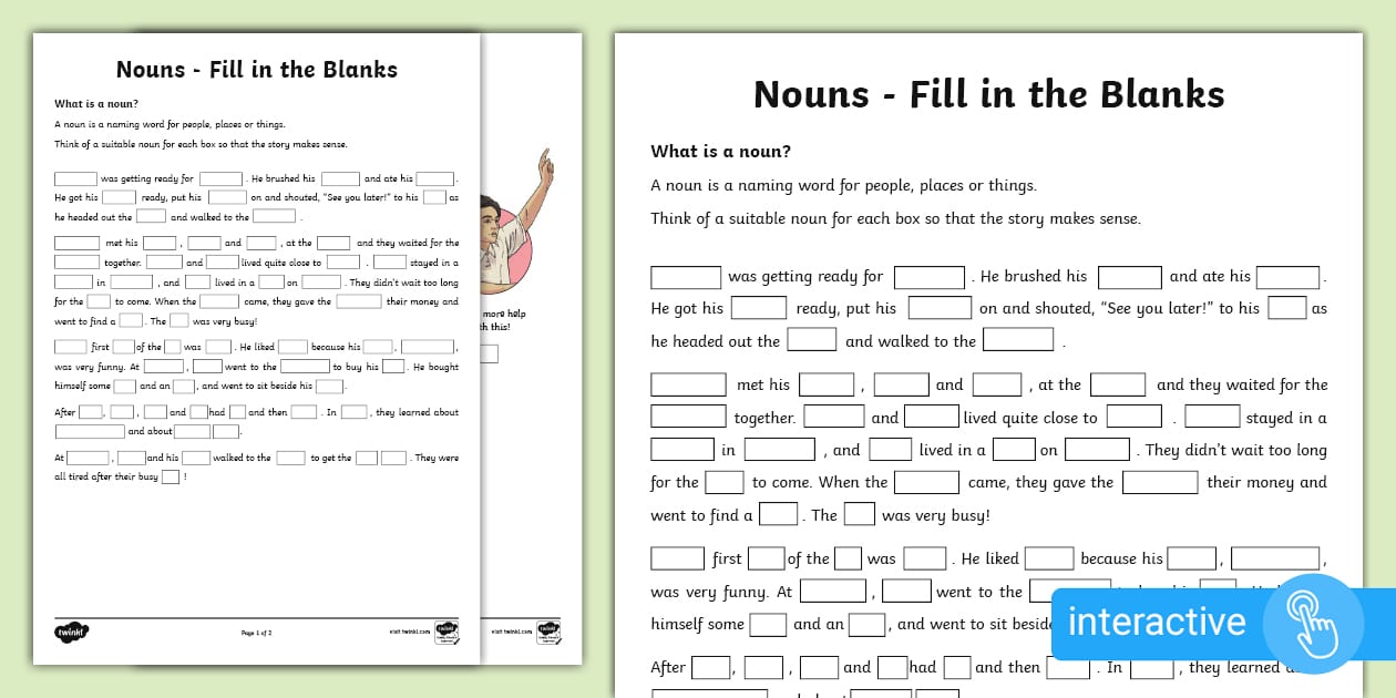 Interactive PDF: Nouns Fill in the Blanks Activity Sheet