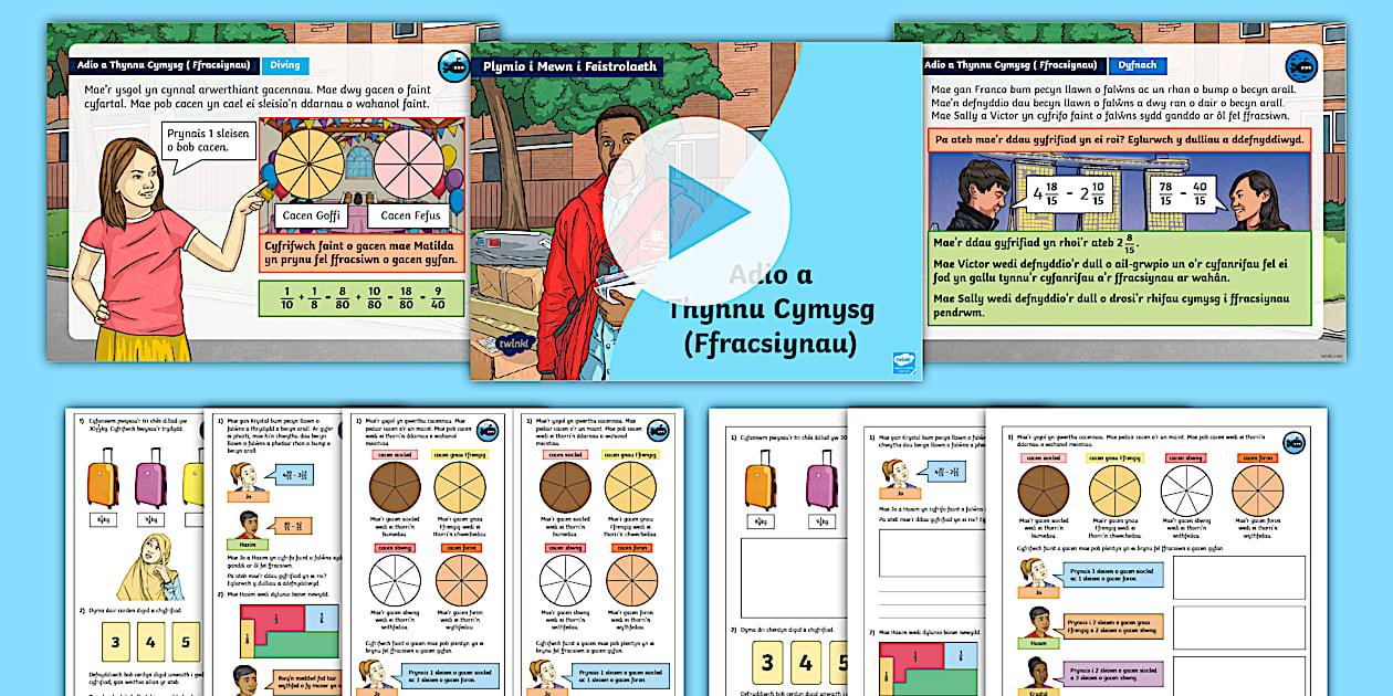 Pecyn Dysgu Meistroli Mathemateg Adio a Thynnu Cymysg (Ffracsiynau)