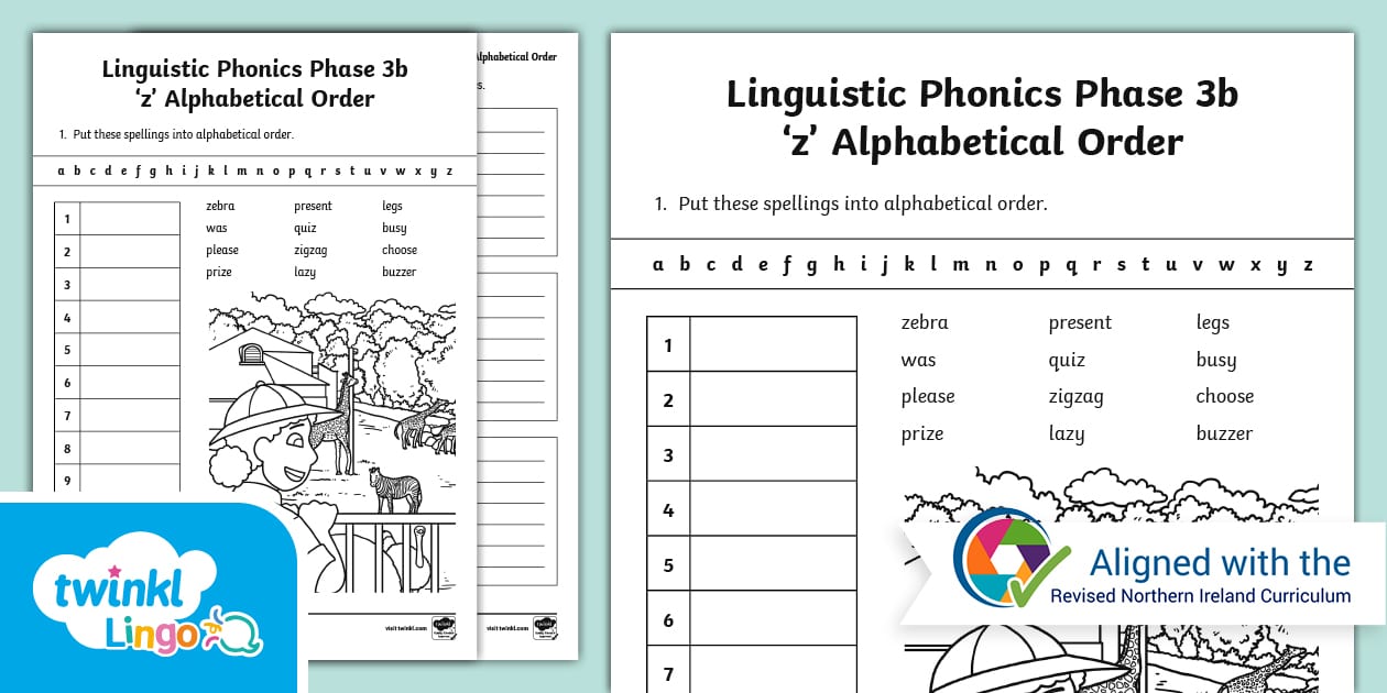 Linguistic Phonics Phase 3b 'z' Alphabetical Order