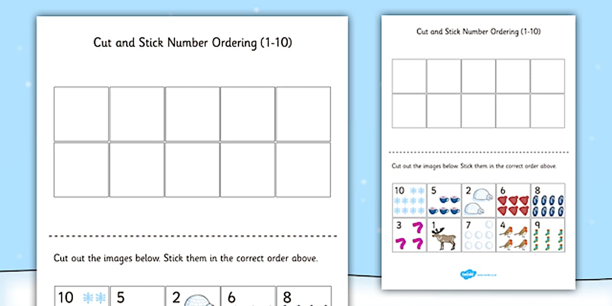 Winter Themed Cut and Stick Number Ordering Sheets - Twinkl