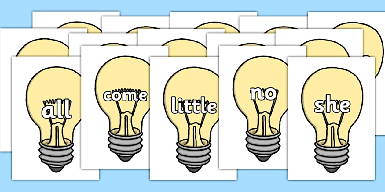 Black and White Tricky Words on Light Bulbs (Plain) - Twinkl