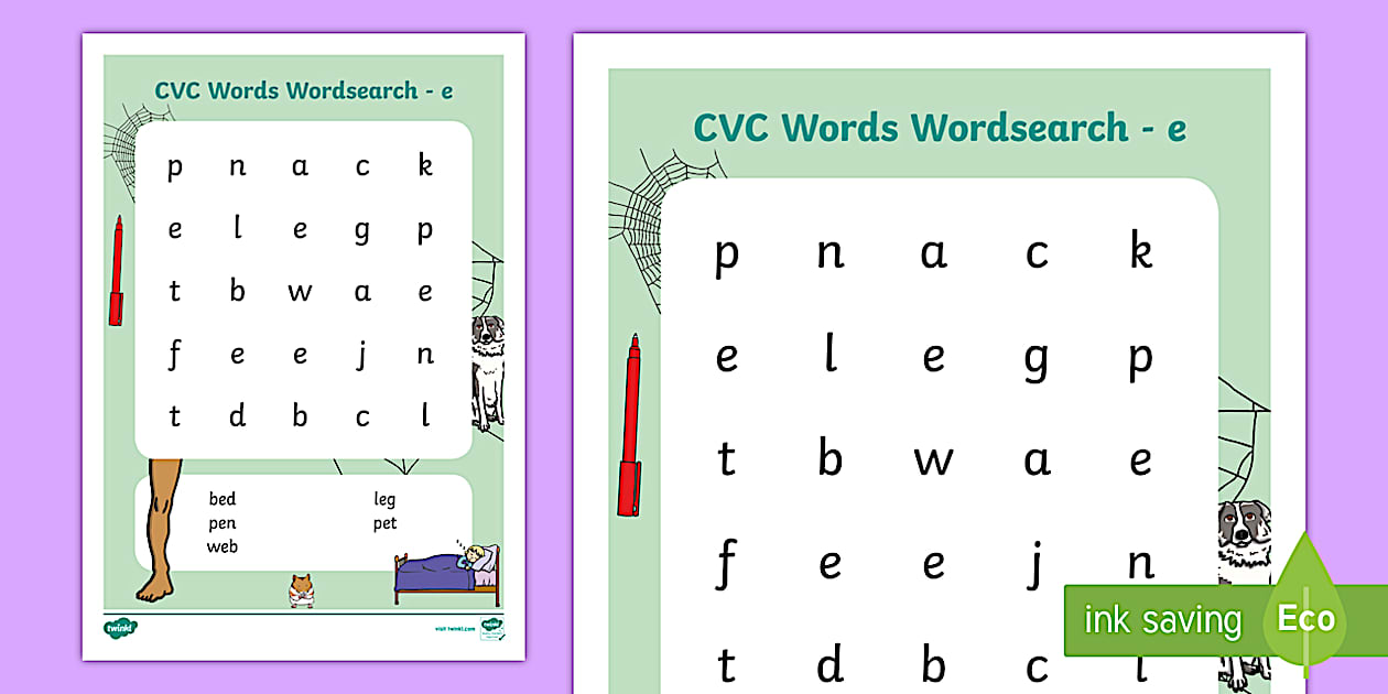 CVC Wordsearch e (teacher made) - Twinkl