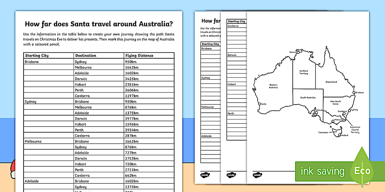 Santa's journey around Australia Worksheet - Twinkl