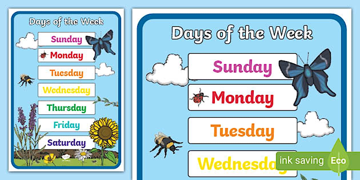 Days of the Week Display Poster (Sunday-Saturday) - Twinkl