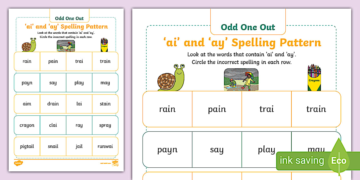'ai' and 'ay' Spelling Pattern Odd One Out Worksheet