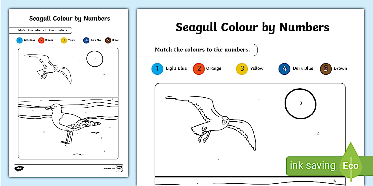 Seagull Colour-by-Number Worksheet | Twinkl | KS1 | Colour