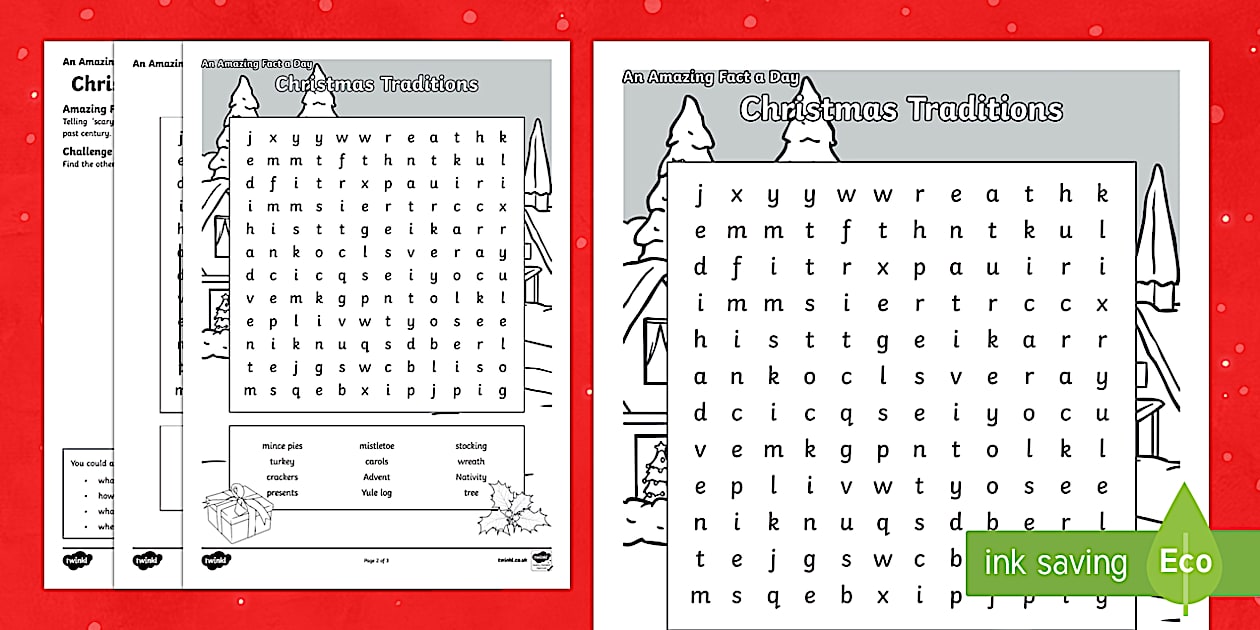 Editable Christmas Traditions Word Search Worksheet - Twinkl