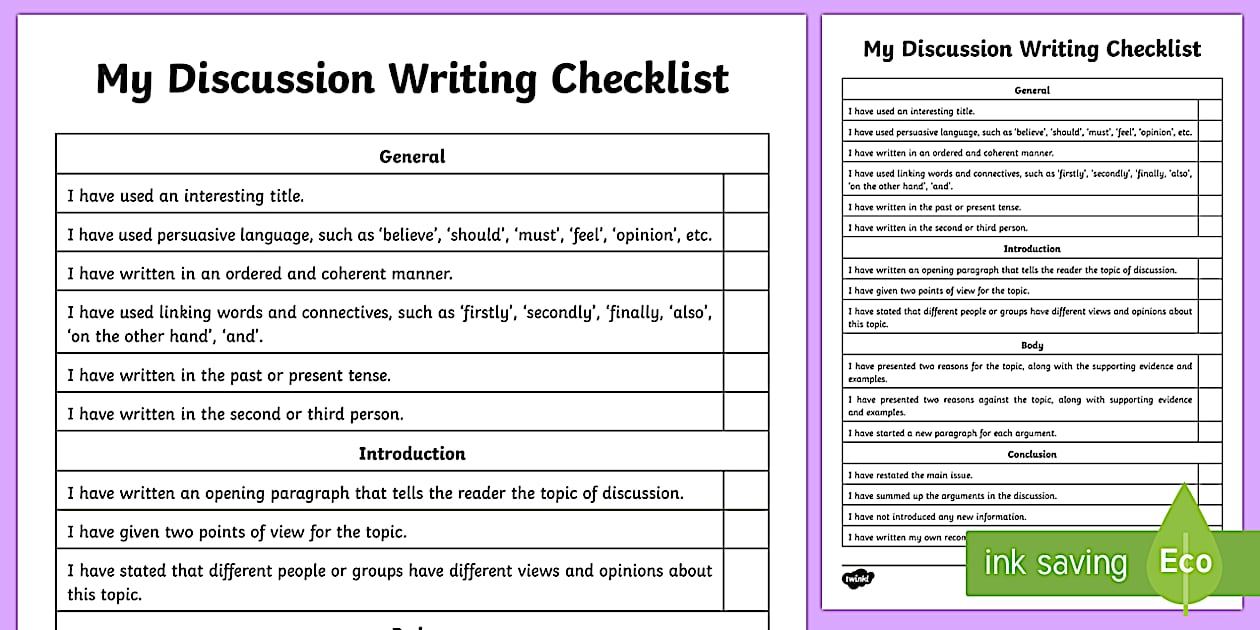 Discussion Writing Student Checklist (teacher made) - Twinkl