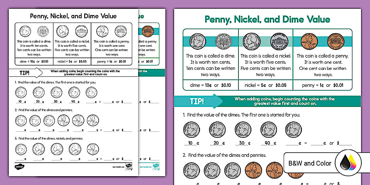 Second Grade Penny, Nickel, and Dime Value Worksheet