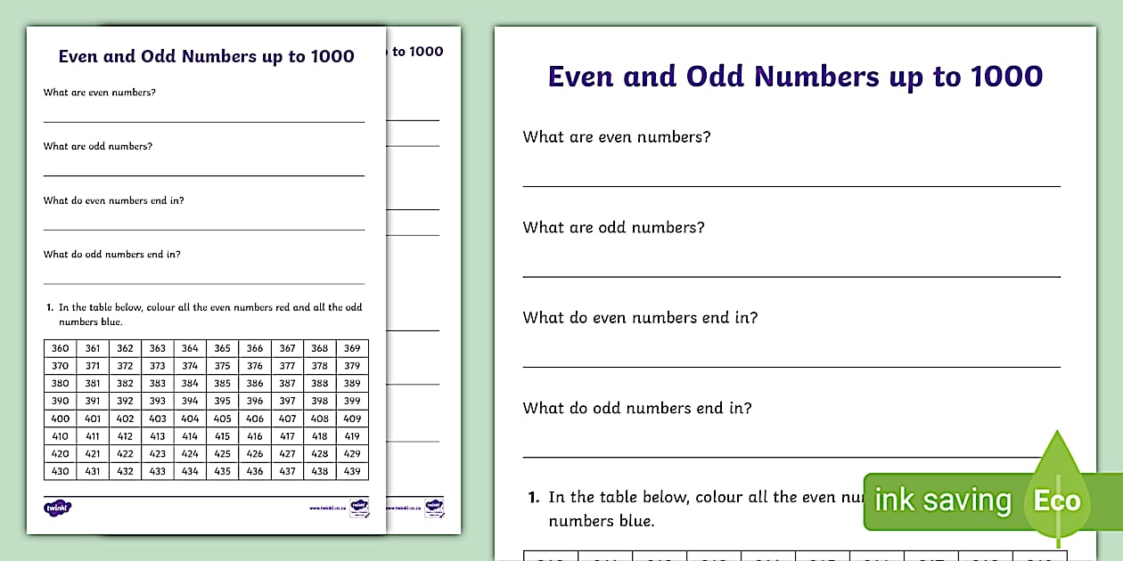 Even and Odd Numbers up to 1 000 Activity Sheet - Twinkl